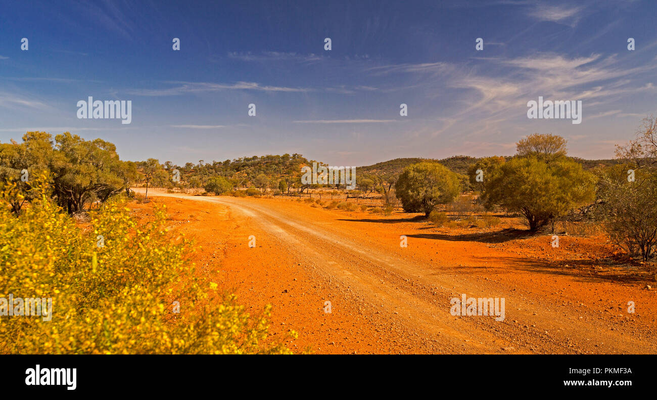 Colourful Australian outback landscape with red dirt road hemmed by low ...