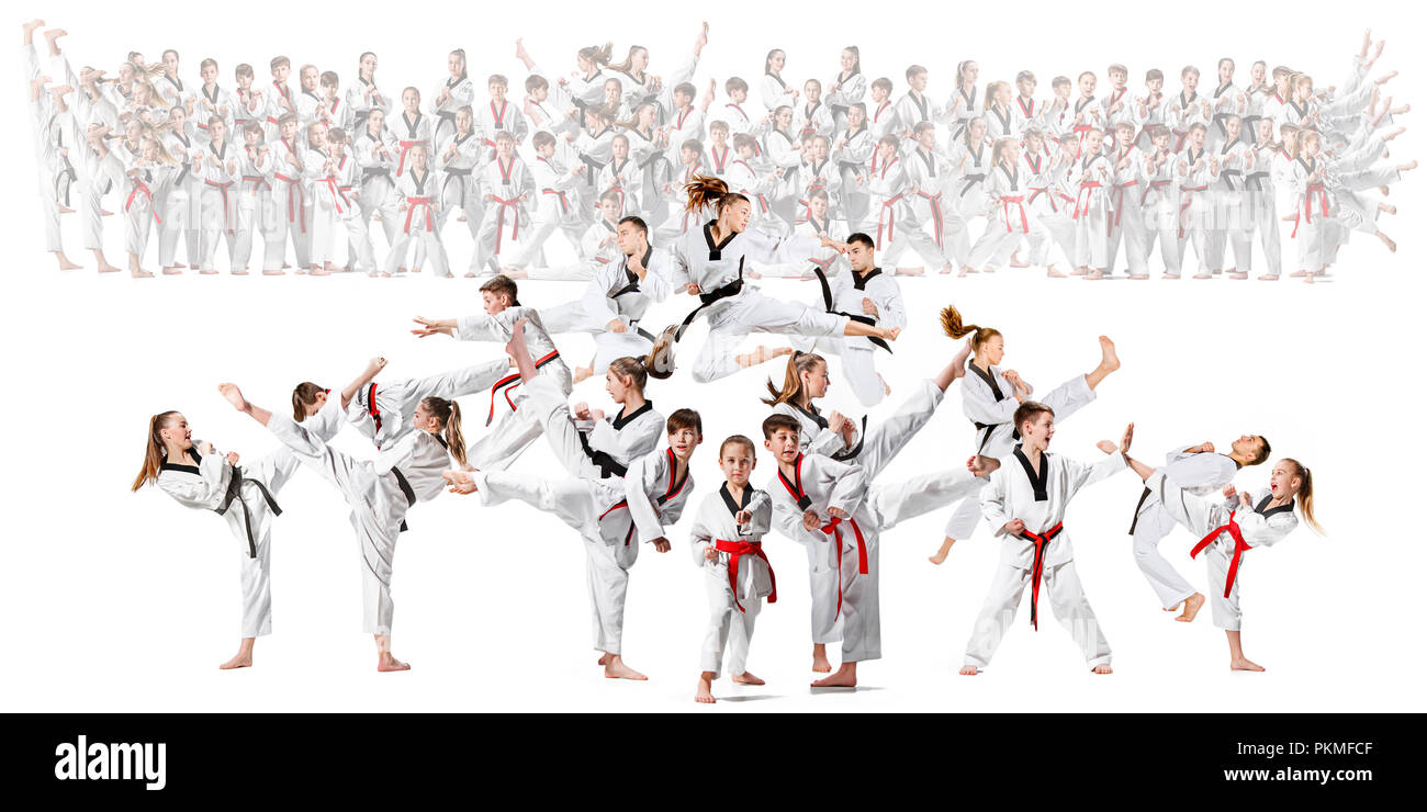 The collage about group of kids training karate martial arts and posing ...