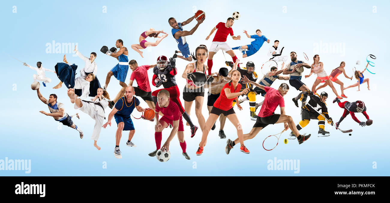 Attack. Sport collage about kickboxing, soccer, american football ...