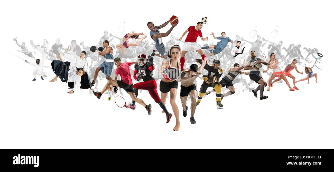 Attack. Sport collage about kickboxing, soccer, american football ...