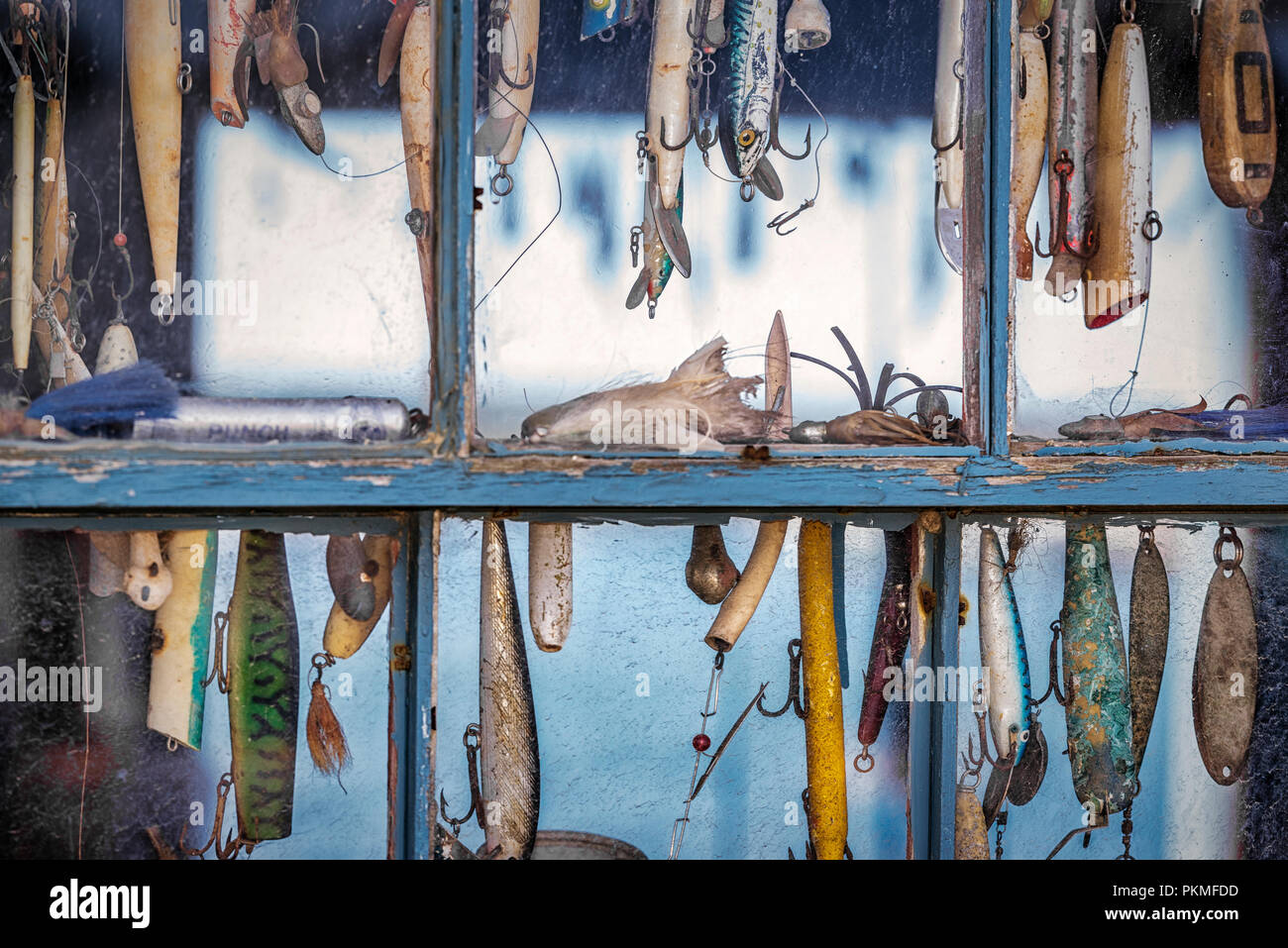 Hooks and lures in a fishing shack window, Menemsha, Cillmark, Martha's ...