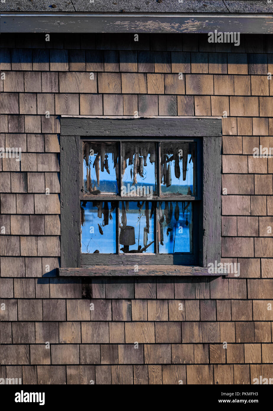 Hooks and lures in a fishing shack window, Menemsha, Chilmark, Martha's ...
