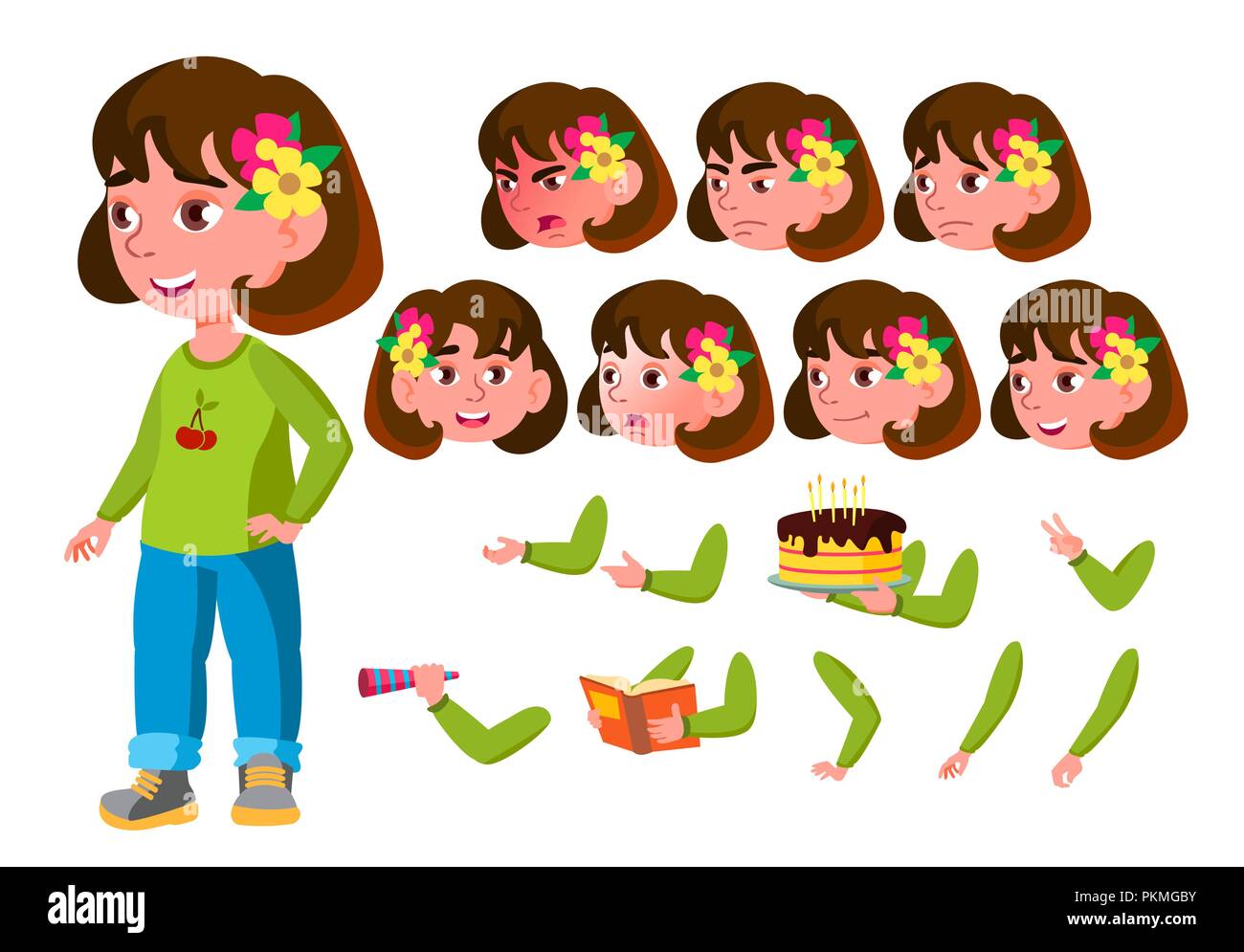 Girl, Child, Kid, Teen Vector. Schooler. Young. Face Emotions, Various ...
