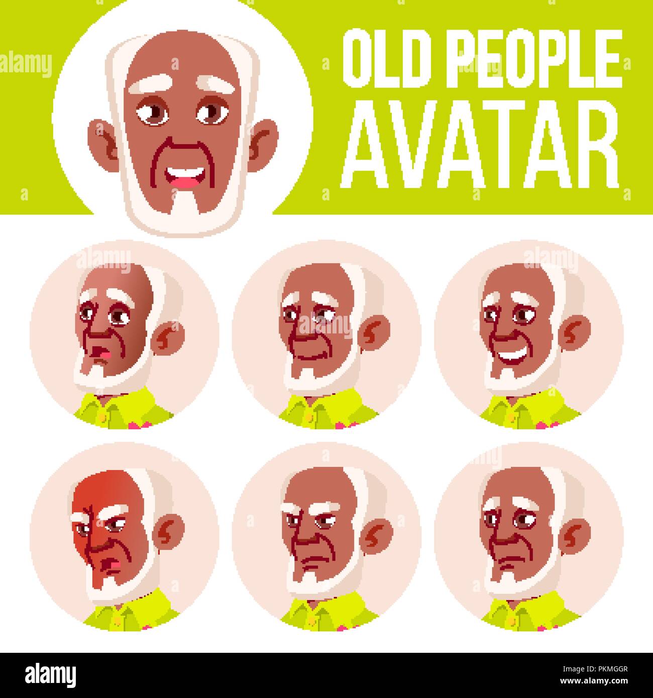 Old Man Avatar Set Vector. Black. Afro American. Face Emotions. Senior ...
