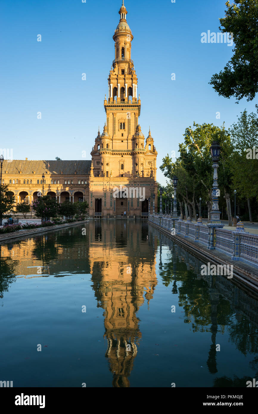 Spain, Seville, Europe, REFLECTION OF BUILDING IN WATER at Plaza de ...
