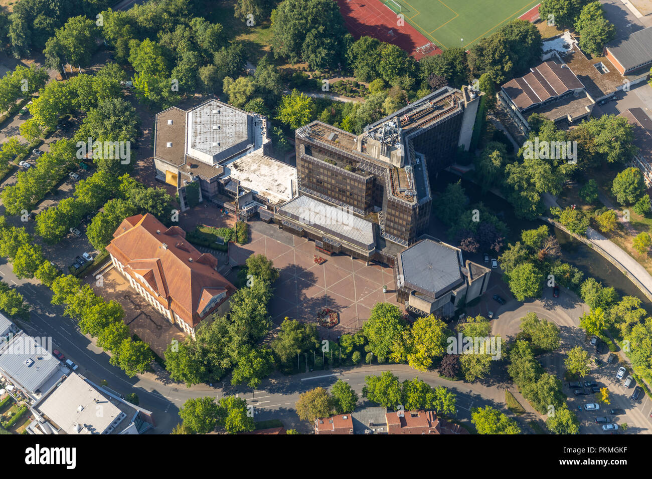 Aerial view, town hall Ahlen, library, civic hall, Ahlen, Ruhr Area ...