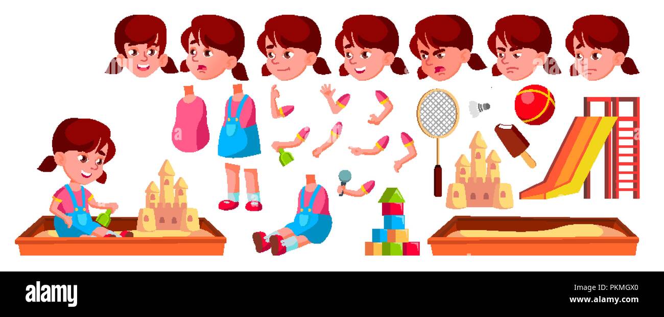 Girl Kindergarten Kid Vector. Animation Creation Set. Face Emotions ...