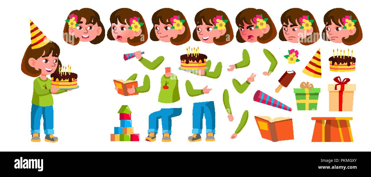 Girl Kindergarten Kid Vector. Animation Creation Set. Face Emotions ...