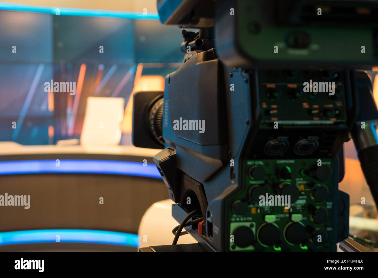 video camera lens recording show in tv studio focus on camera aperture ...