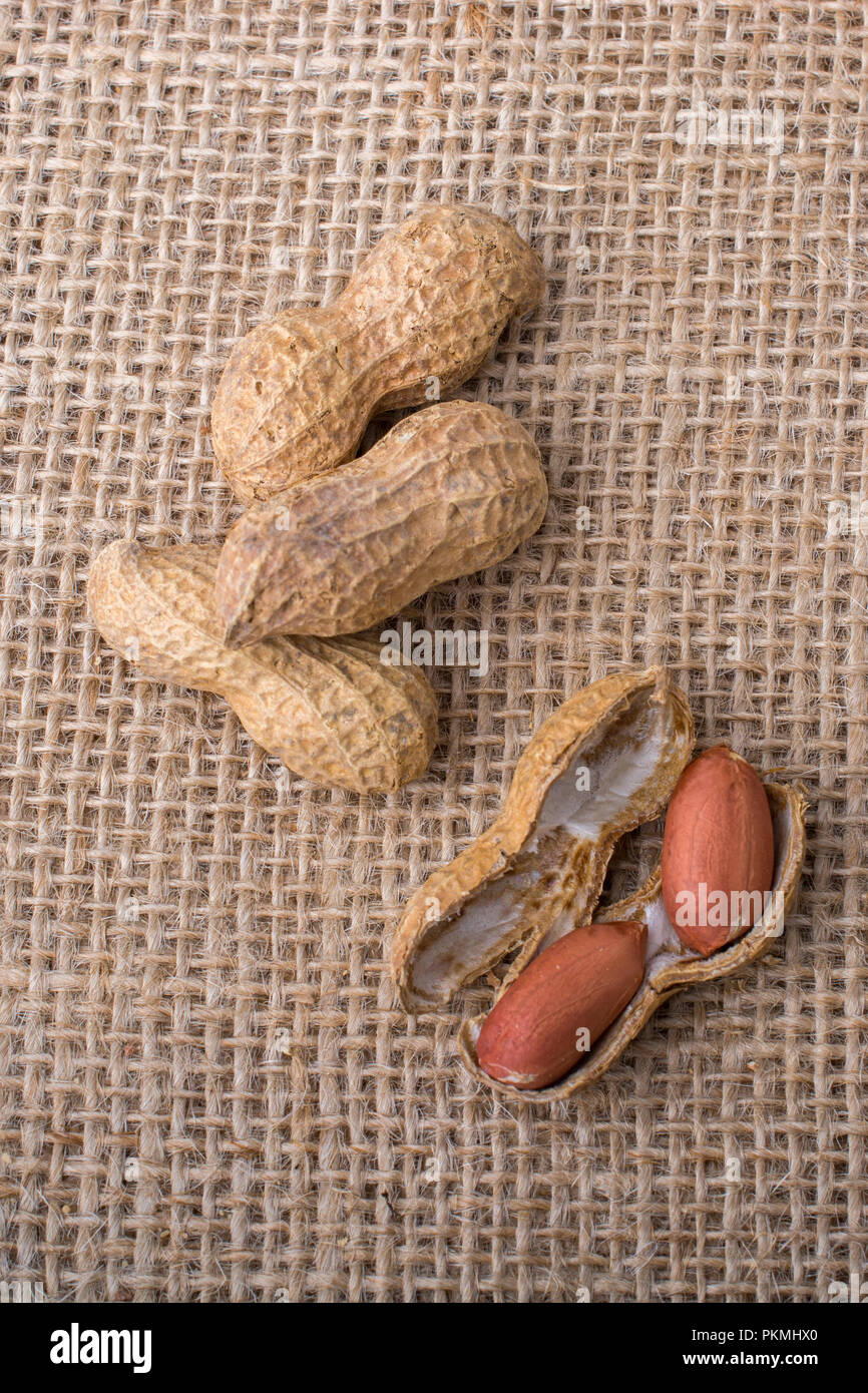 Cracked open peanuts with shell on a linen canvas background Stock ...