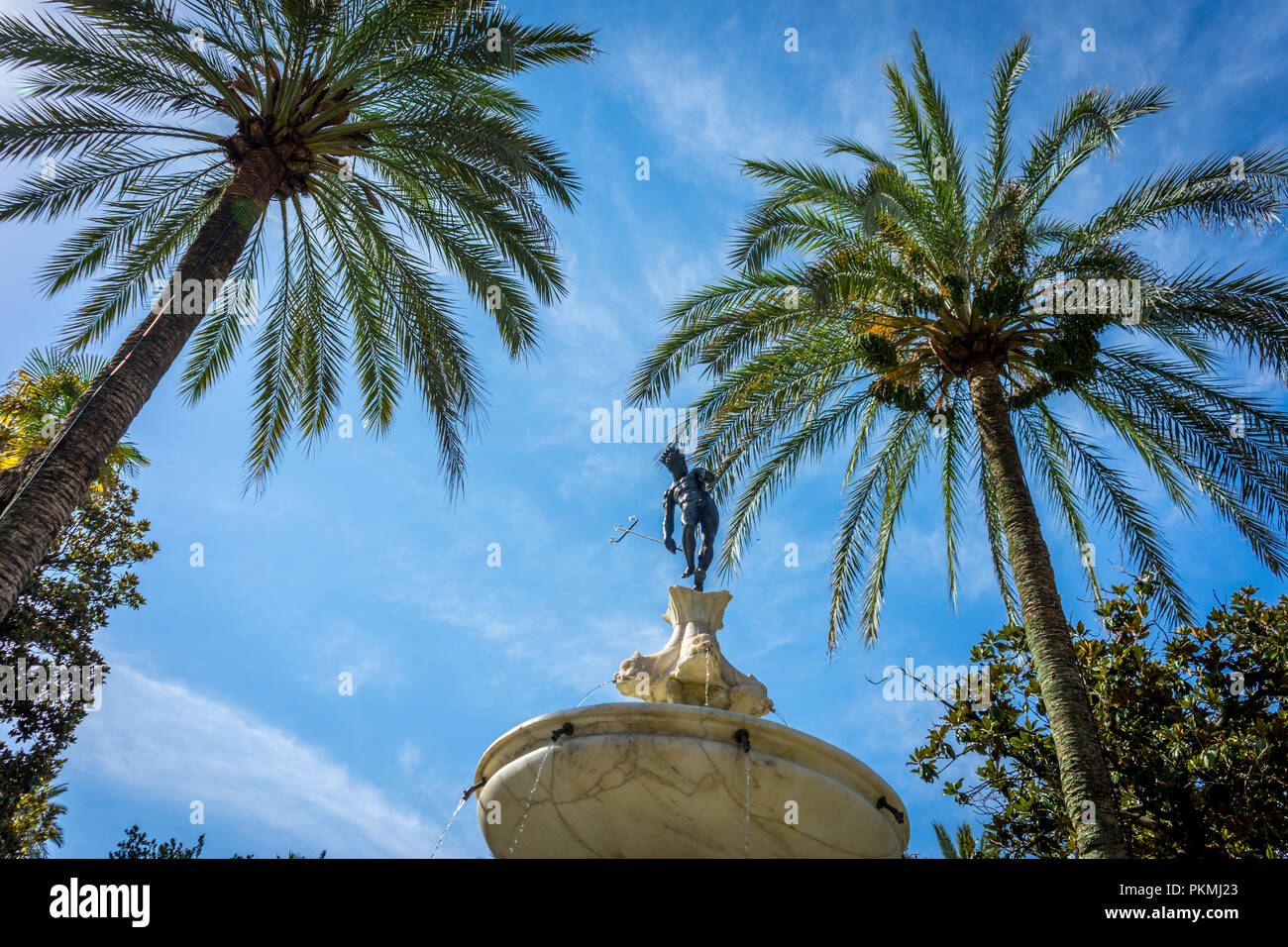 Neptune under the palm tree in Alcazar garden with a blue sky in ...
