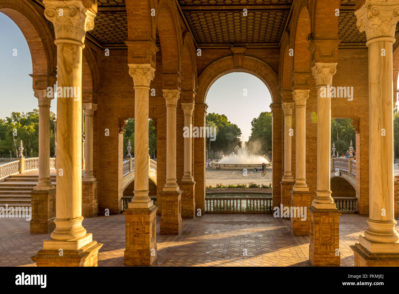 Corridors and pillars in Plaza de Espana in Seville, Spain, Europe ...