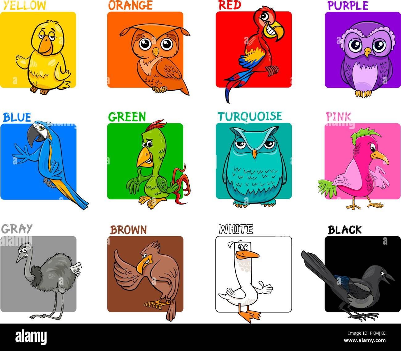 Cartoon Illustration of Basic Colors with Birds Animal Characters ...