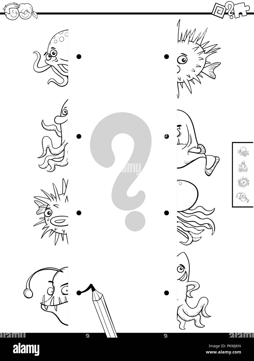 Black and White Cartoon Illustration of Educational Game of Matching ...