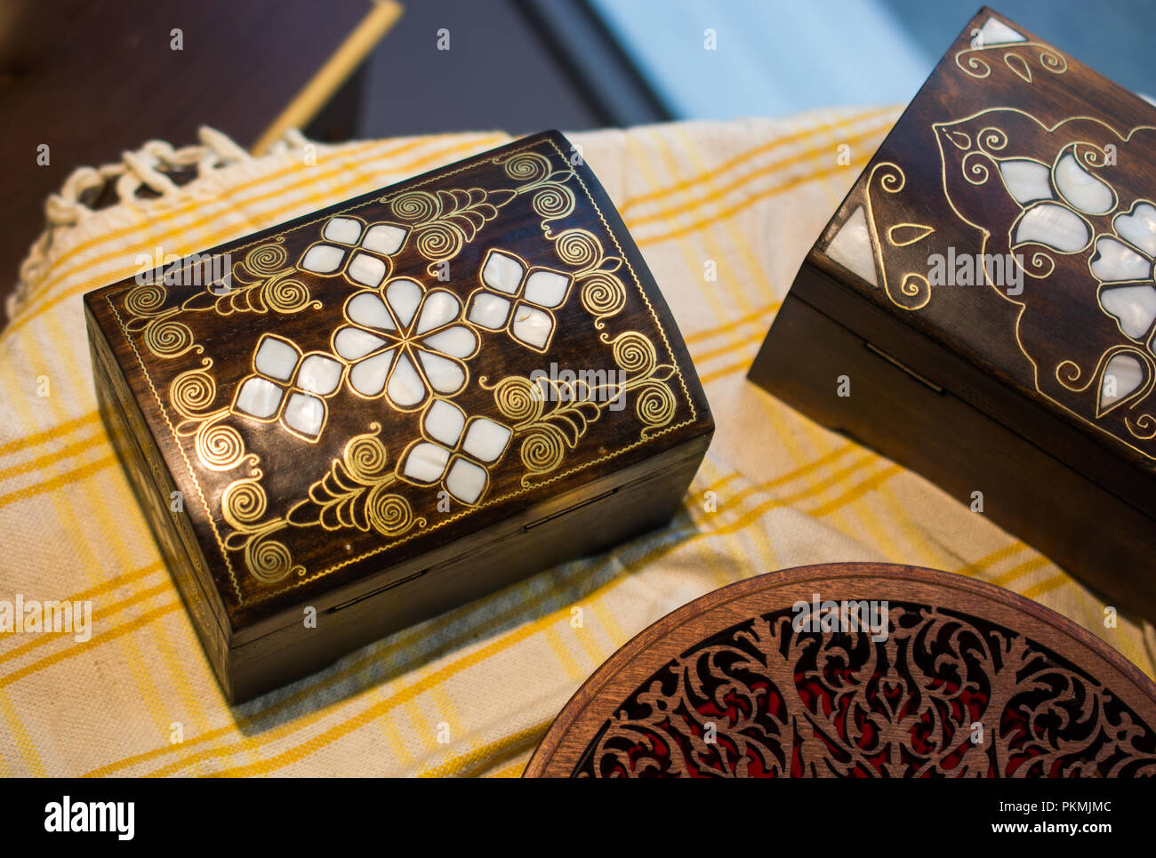 Ancient style wooden treasure chest with mother of pearl inlay Stock ...
