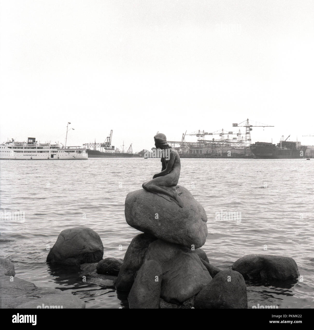 1950s, historical, the bronze sculpture by Edvard Eriksen,'The Little Mermiad' at the harbour at ...