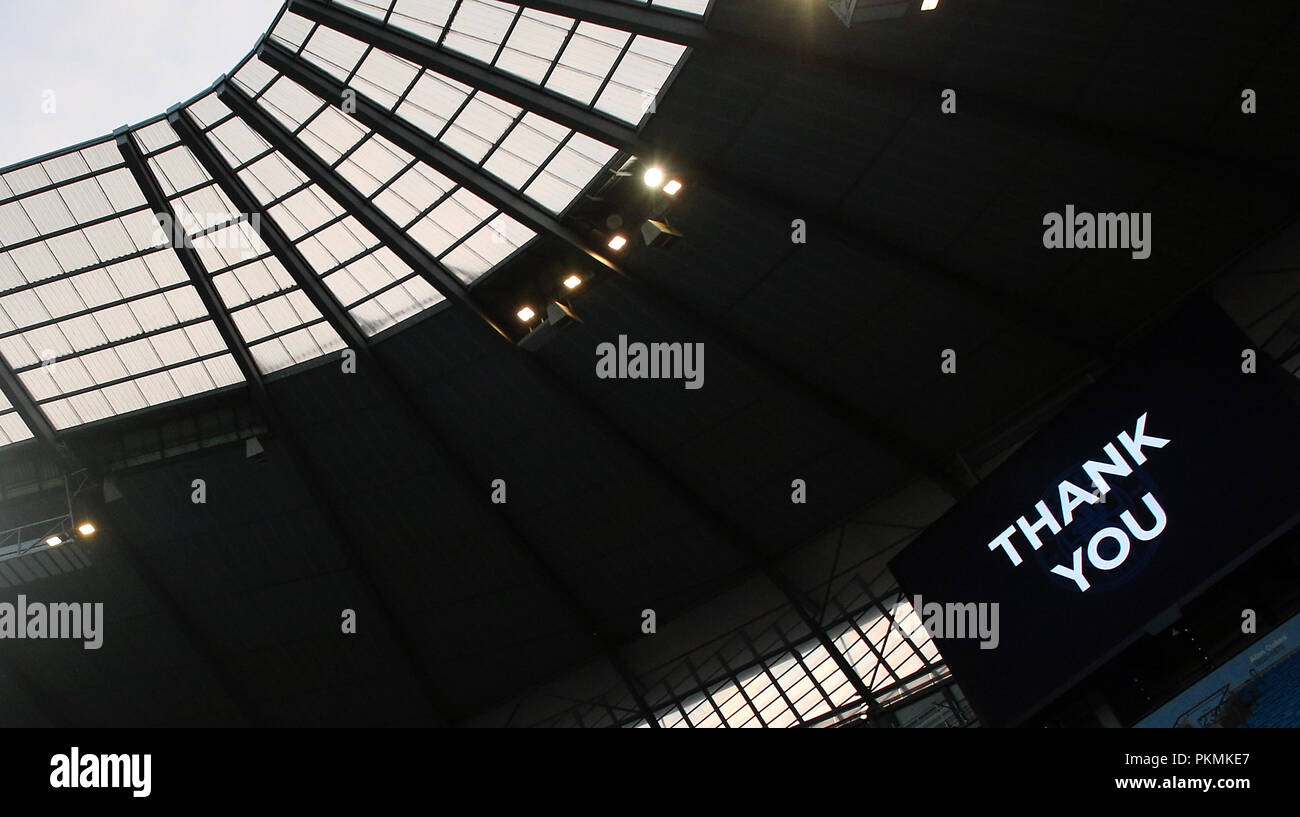 General view of the Etihad Stadium with the words 'Thank You' Stock ...