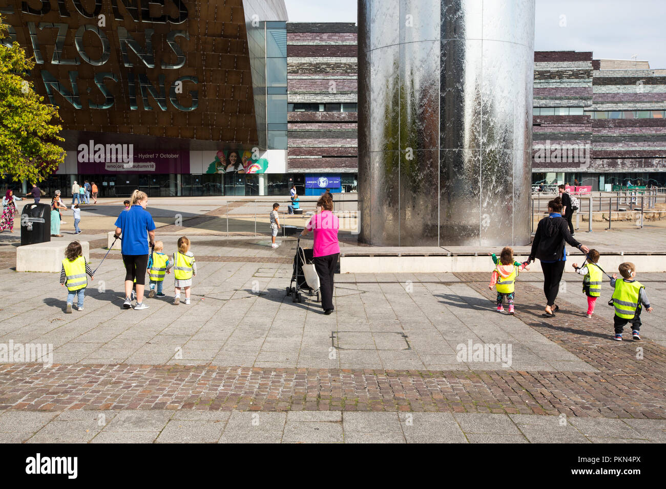 A water feature ourtside the Welsh National Opera in Cardiff, Wales, UK ...