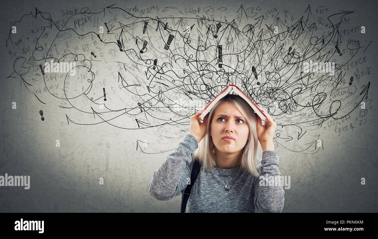 Confused young woman student holding a opened book over head. Stressed ...
