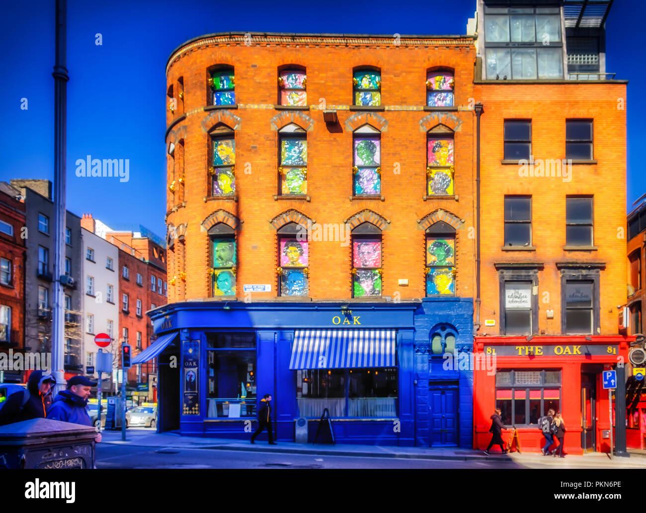 Dublin, Ireland, March 2018, facade of The Oak a café bar in the Temple ...