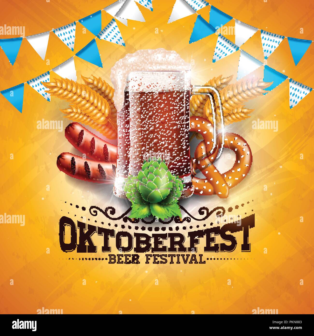 Oktoberfest Banner Illustration with Fresh Beer, Wheat and Hop on Shiny ...