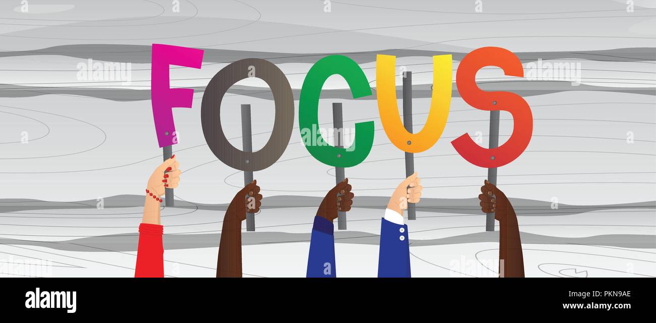 Diverse hands holding letters of the alphabet created the word Focus ...