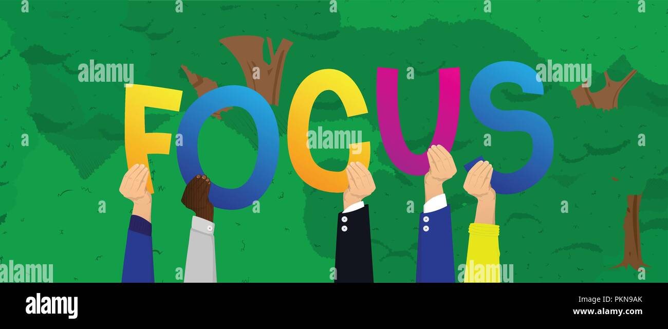 Diverse hands holding letters of the alphabet created the word Focus ...