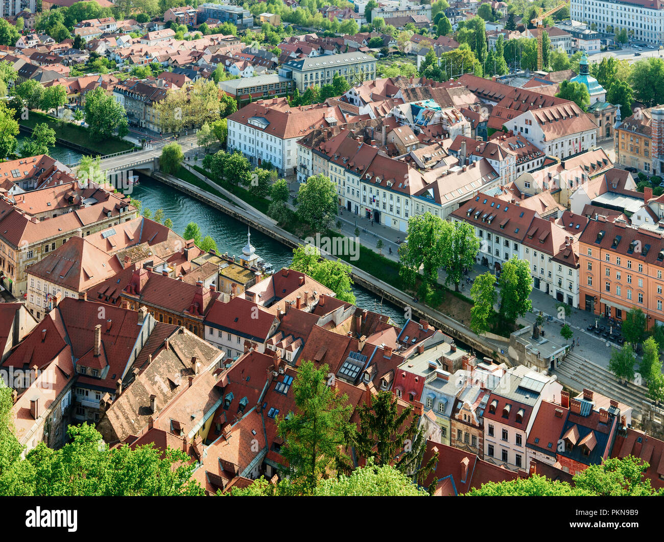 Cityscape of Ljubljana with house architecture and Ljubljanica River in ...