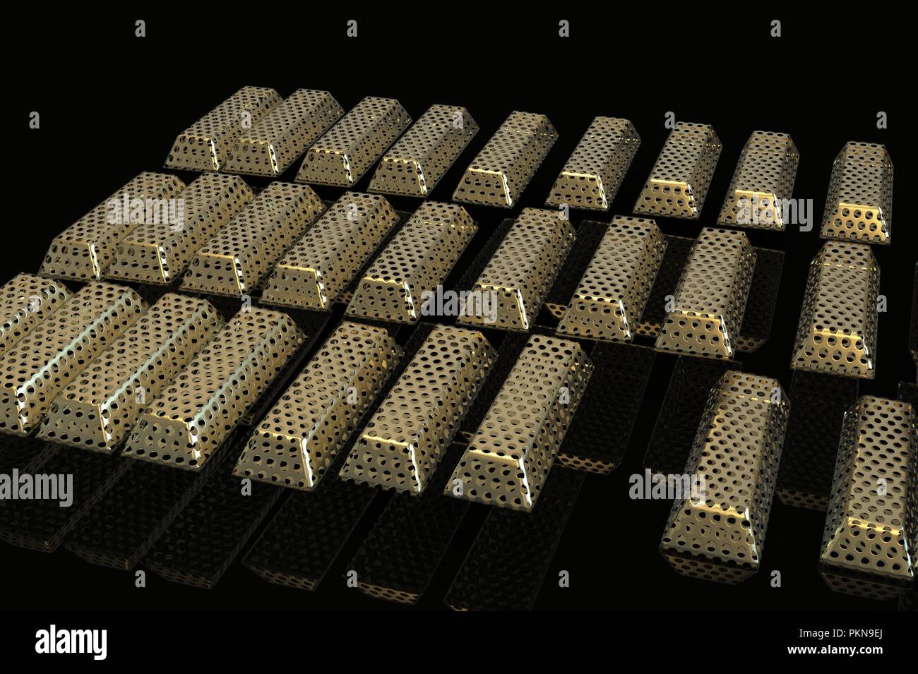 Stacked bars of gold bullion 3D render on black .Financial concept ...