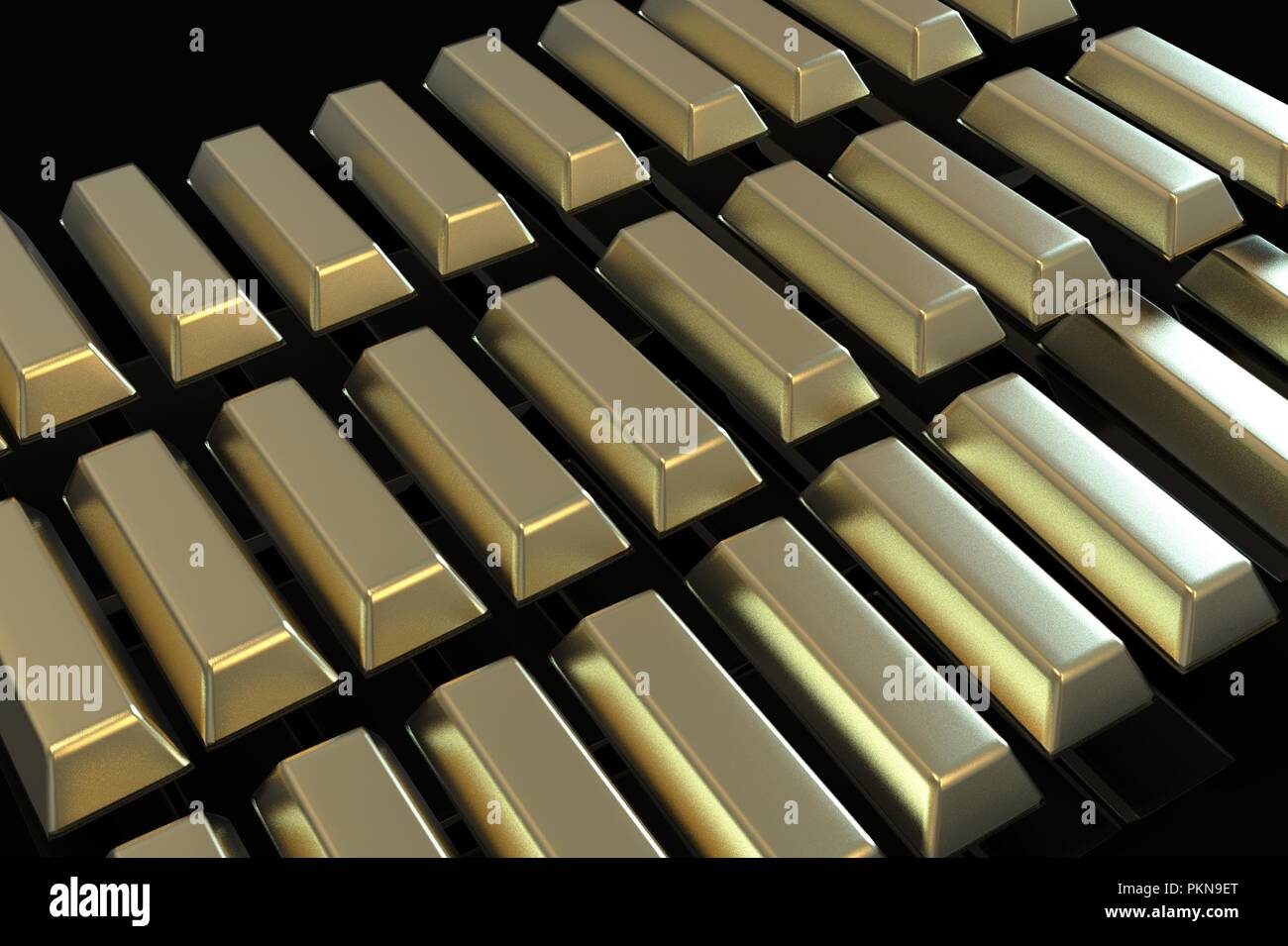 Stacked bars of gold bullion 3D render on black .Financial concept ...
