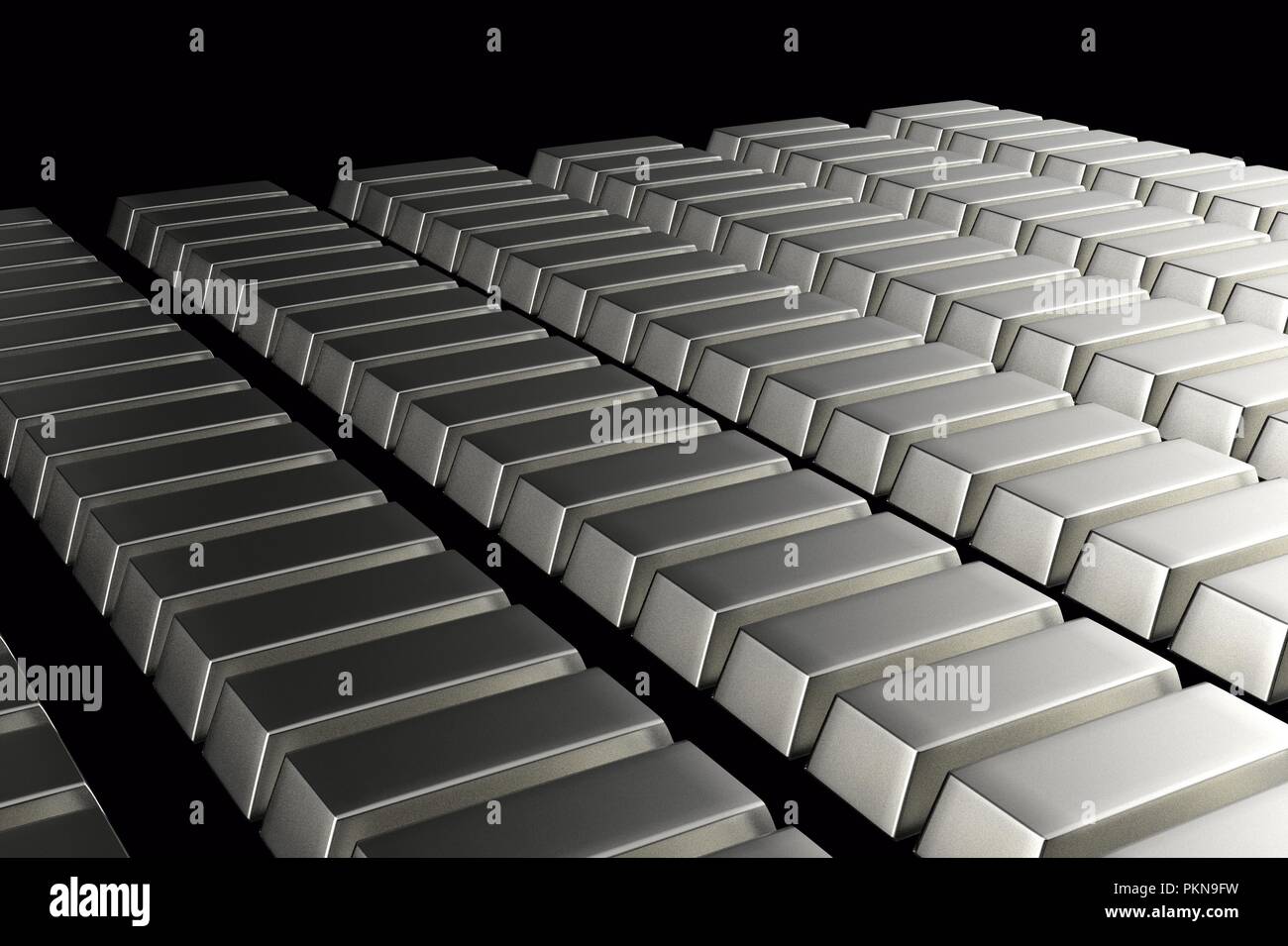 Stacked bars of silver bullion 3D render on black.Financial concept ...