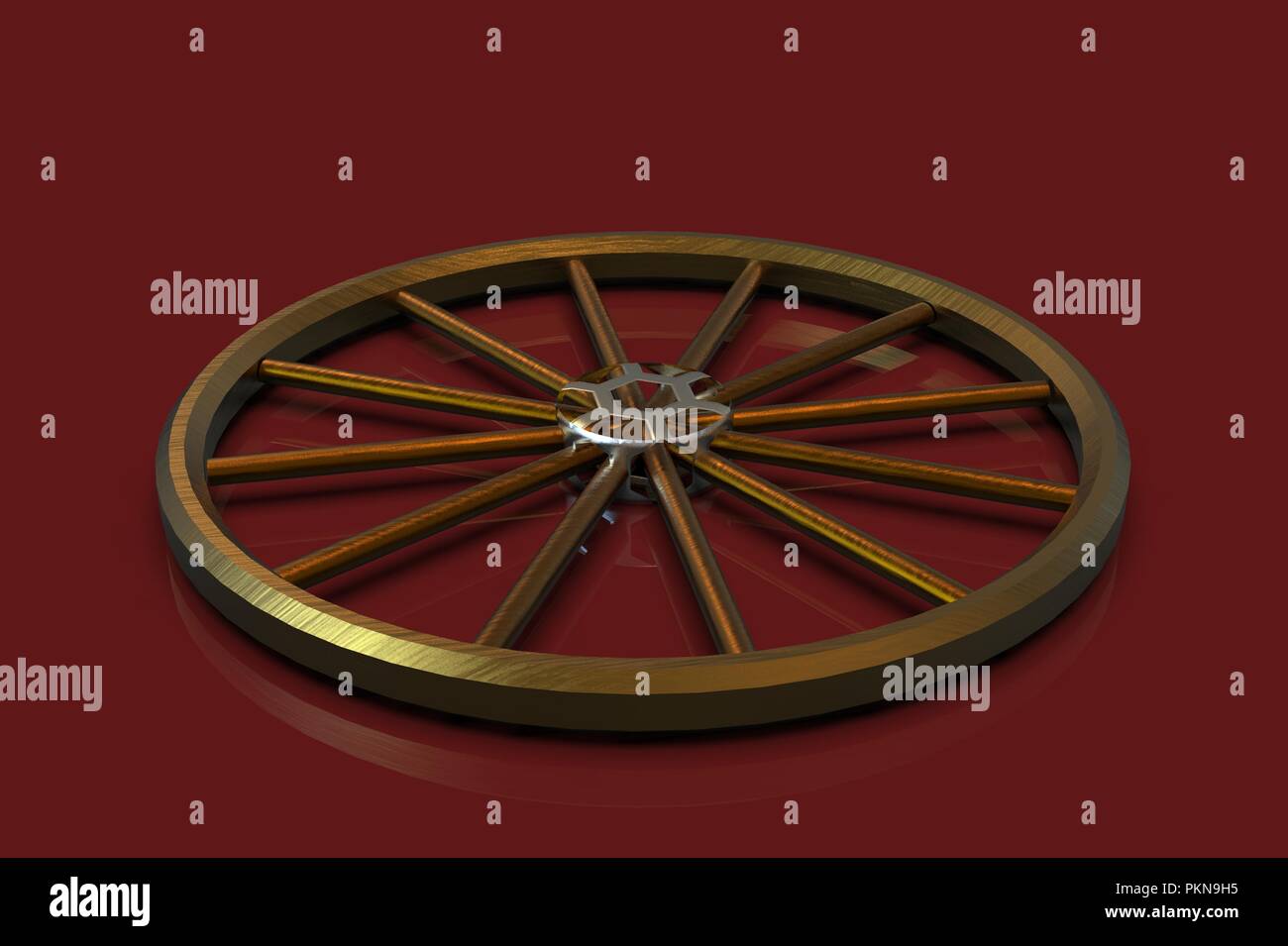 3d golden wheel on a red background Stock Photo - Alamy