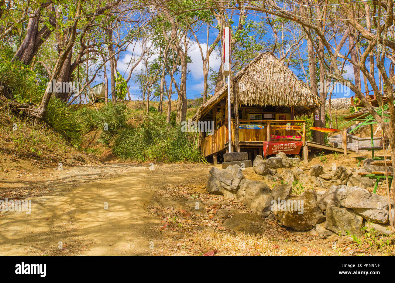 PLAYA MONTEZUMA, COSTA RICA, JUNE, 28, 2018: Outdoor view of thatched ...