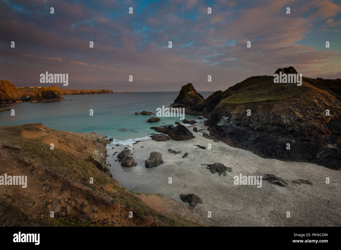 A landscape image of the sandy beach and rugged cliffs around Kynance ...