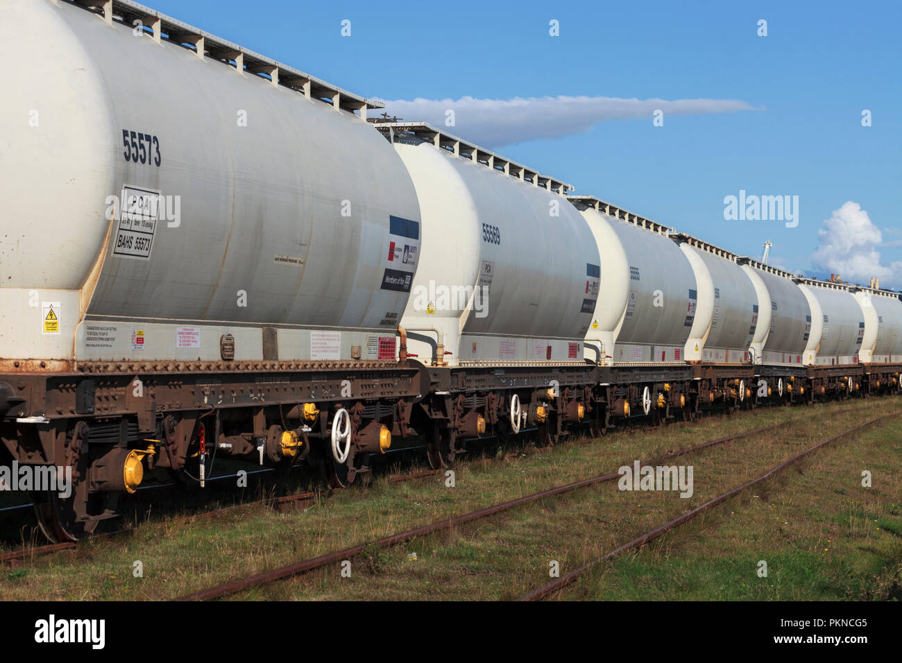 UK, Railway rail freight wagons carrying bulk alumina at North Blyth ...