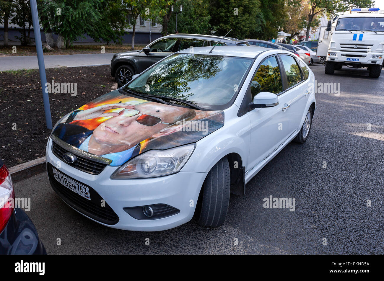 Samara, Russia - September 9, 2018: Russian vehicle Lada with portrait ...