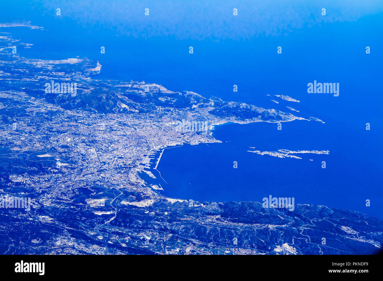 Blue planet earth aerial panorama. high altitude view of Marseille city ...