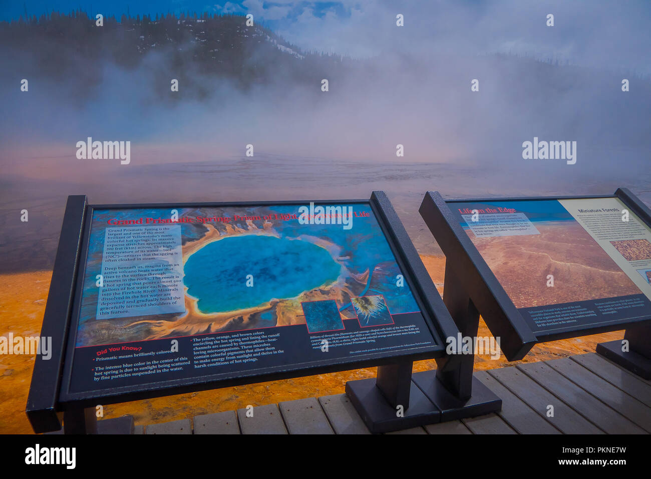 YELLOWSTONE, MONTANA, USA MAY 24, 2018: Close up of informative sign ...