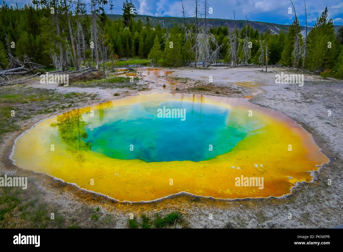 Colorful grand Prismatic Pool, blue and yellow at Yellowstone National ...