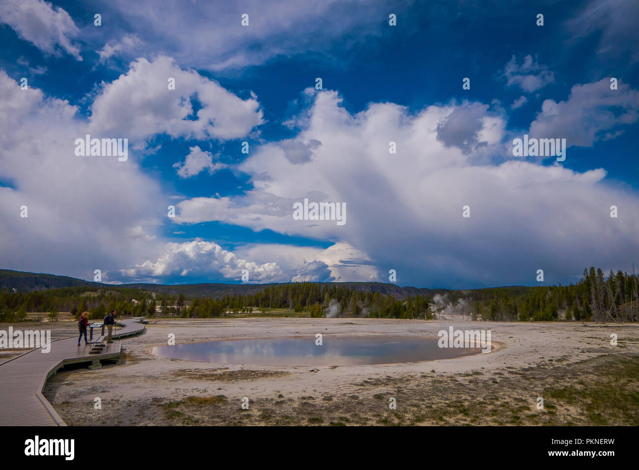 Hot geyser pool in Old Faithful area of Yellowstone National Park Stock ...