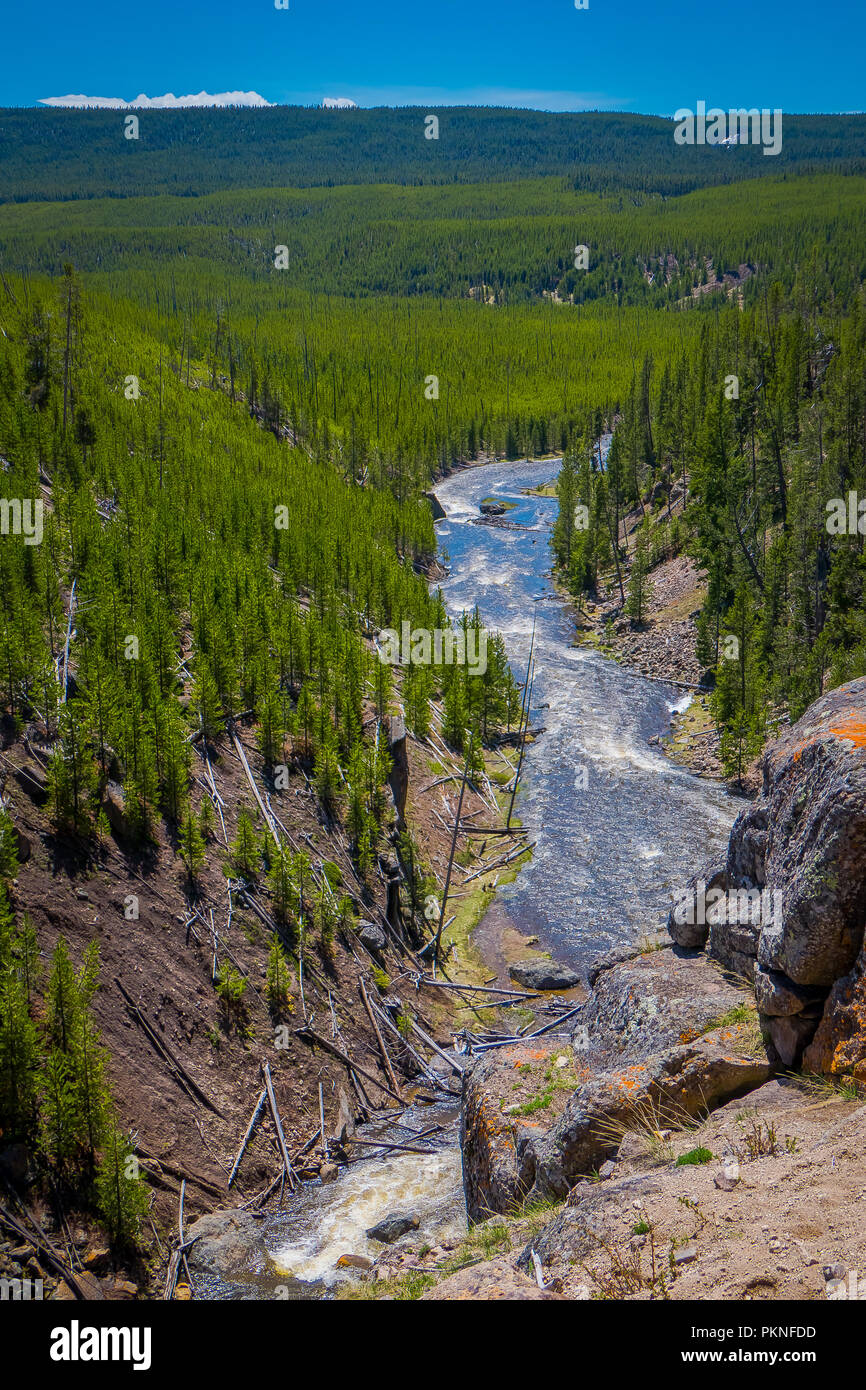Aerial view of Yellowstone river plunging down into the grand canyon of ...