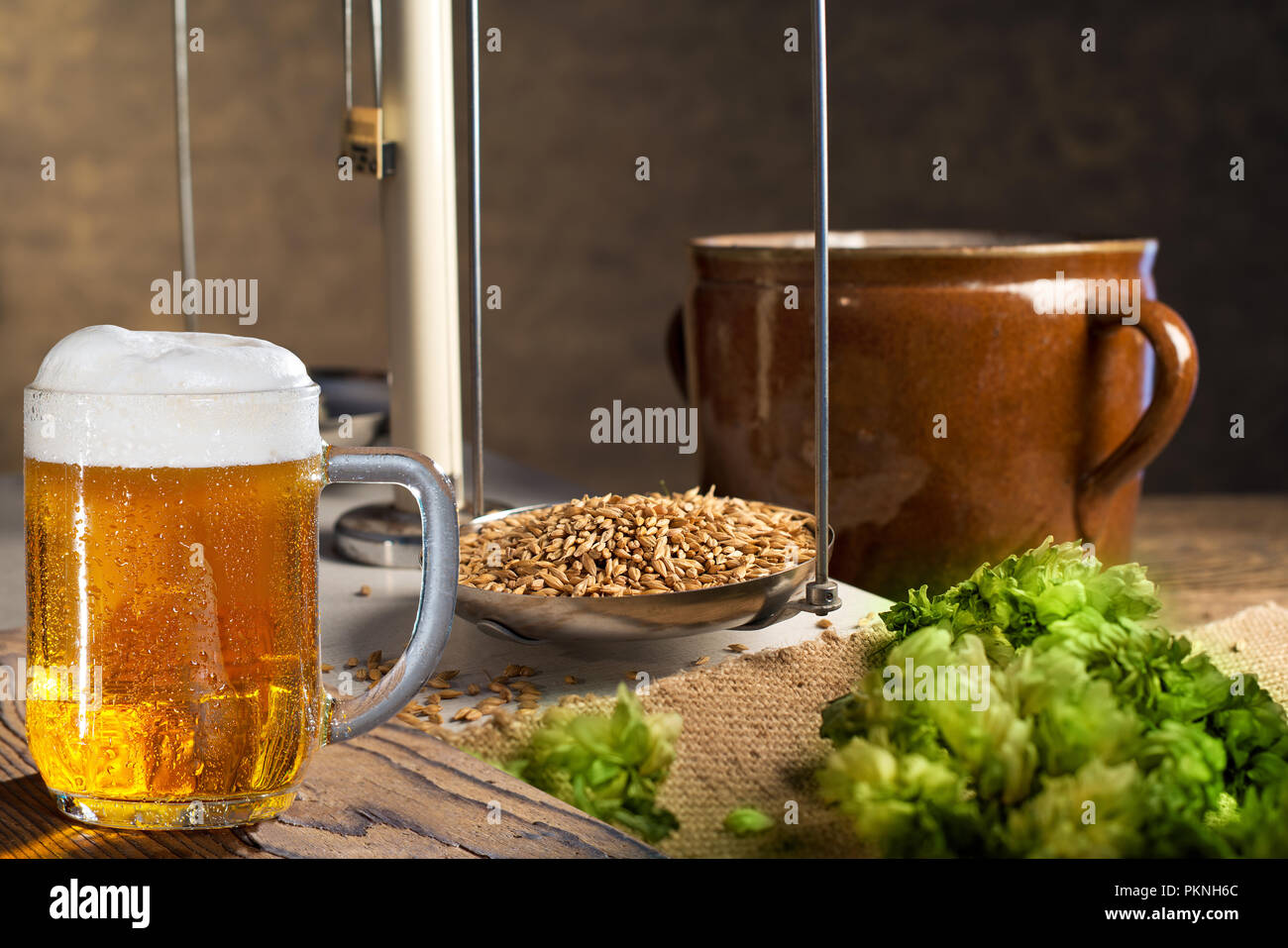 Home Brewing of Beer. Hops, barley and beer Stock Photo - Alamy