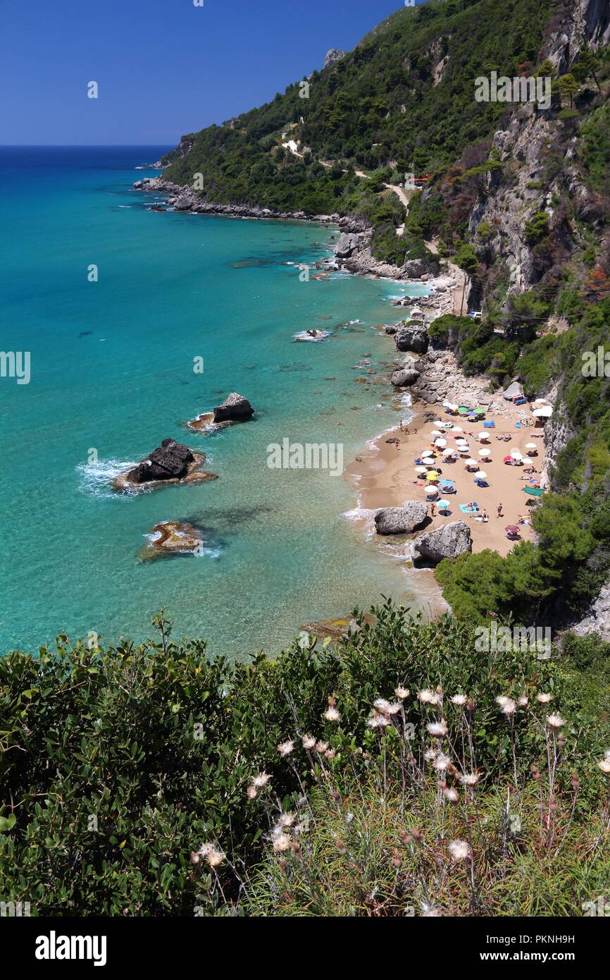 Corfu beach landscape - island in Greece. Myrtiotissa Beach below the ...