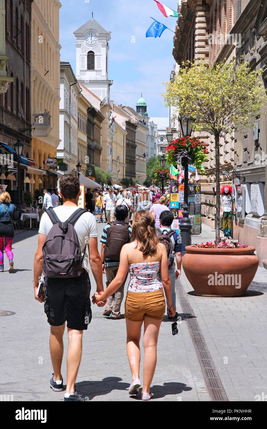 BUDAPEST, HUNGARY - JUNE 22, 2014: People visit Vaci Street in Budapest ...