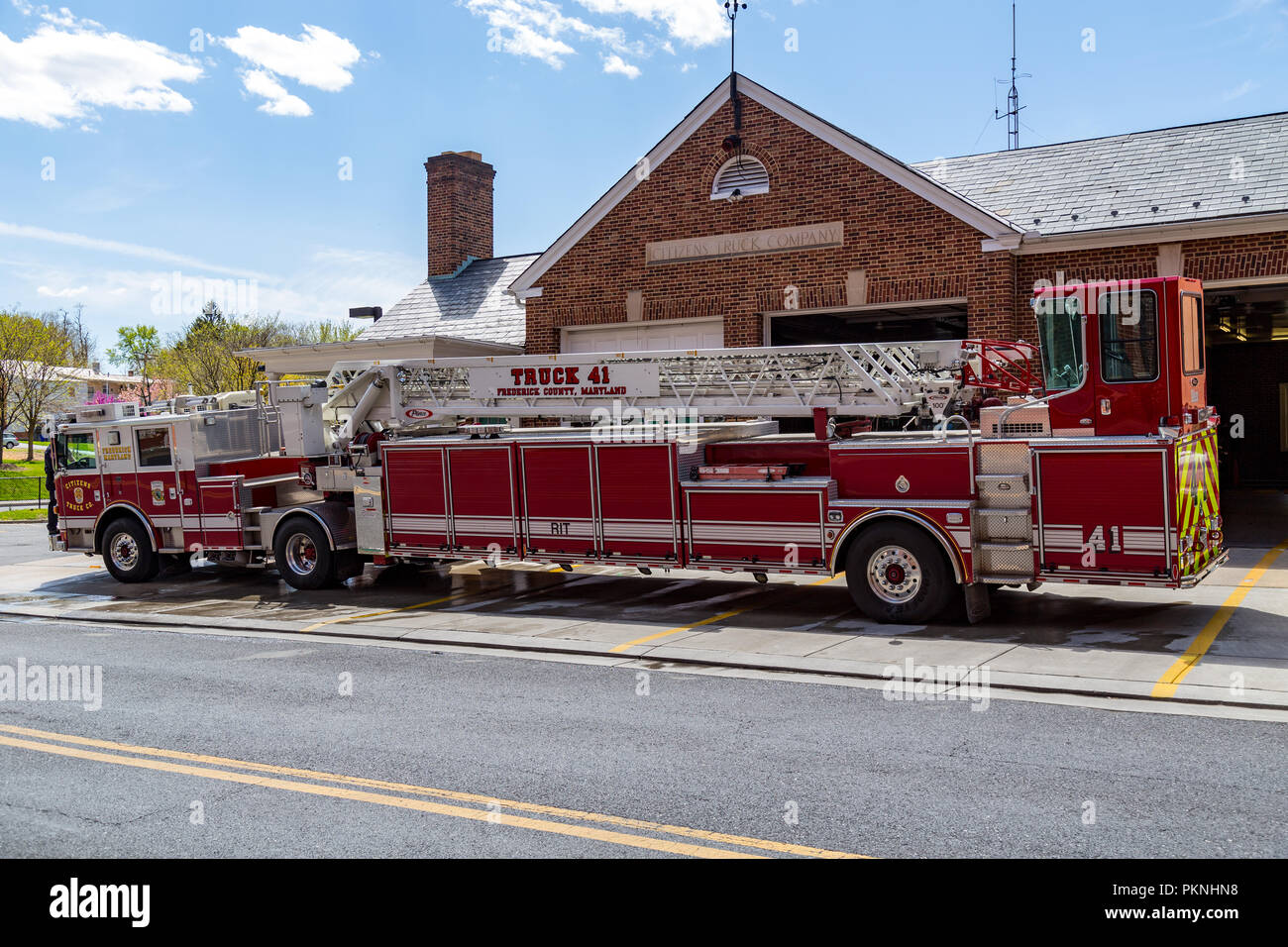 Frederick, MD, USA - April 26, 2015: The Federick Maryland ladder truck ...