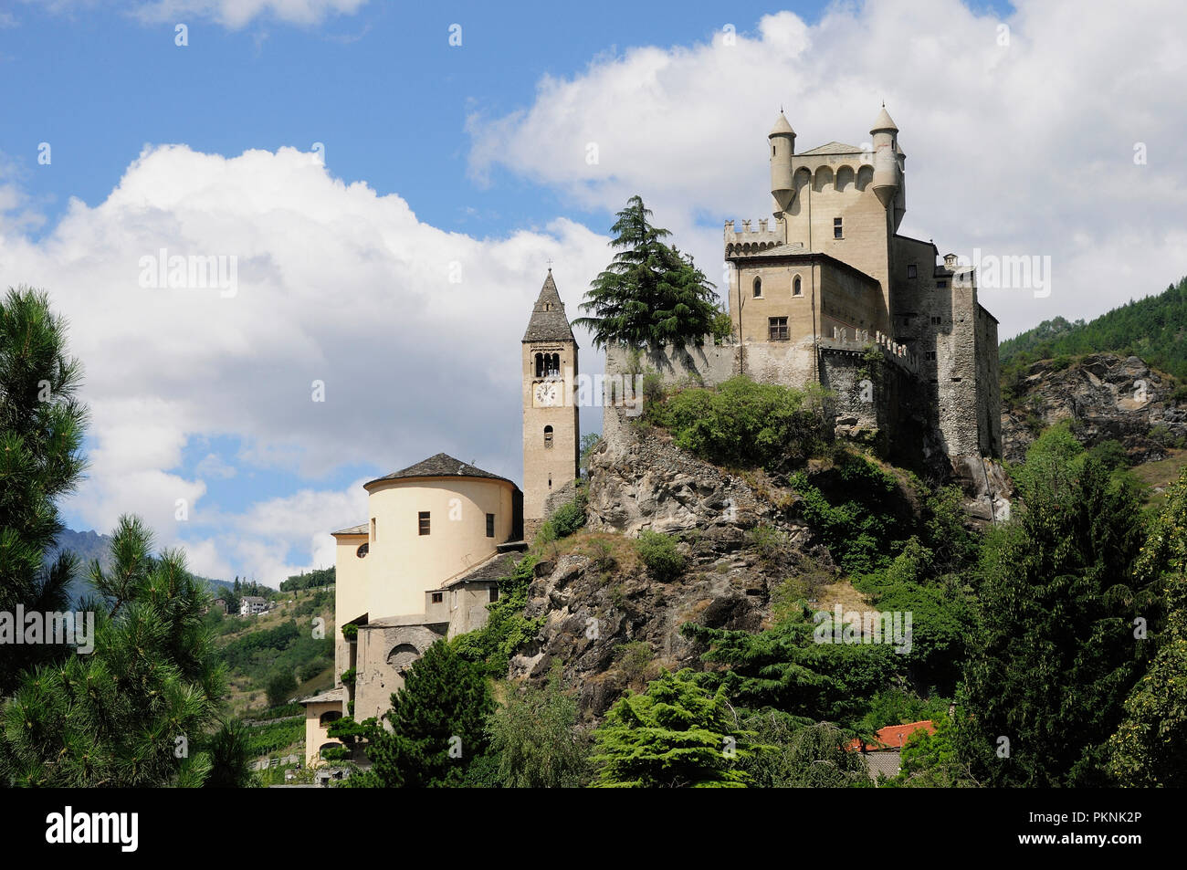 Italy, Valle d'Aosta, Saint Pierre, view of Saint Pierre Castle on ...