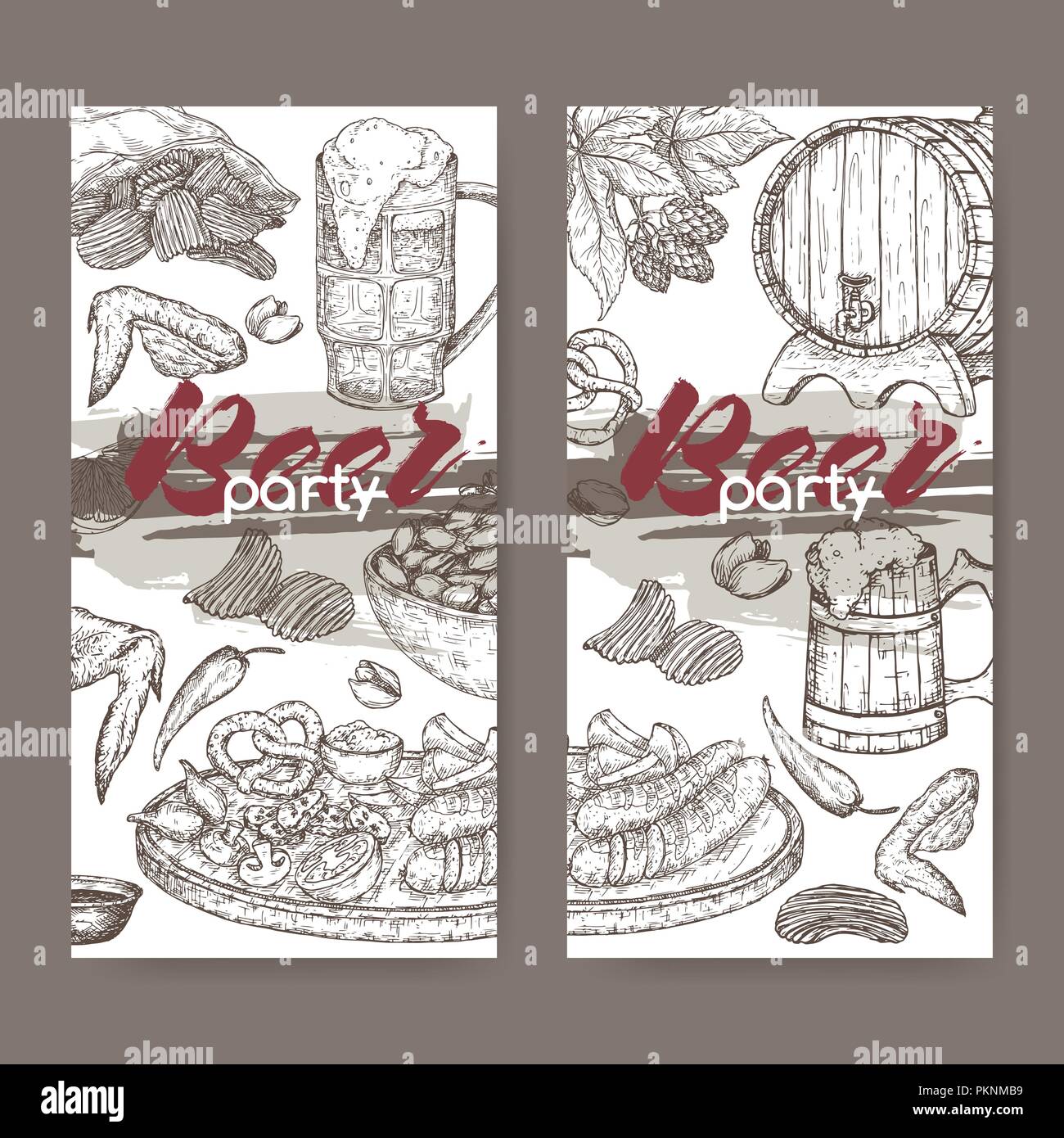 Two beer party labels with beer keg, mug, chips, nuts, chicken wings ...