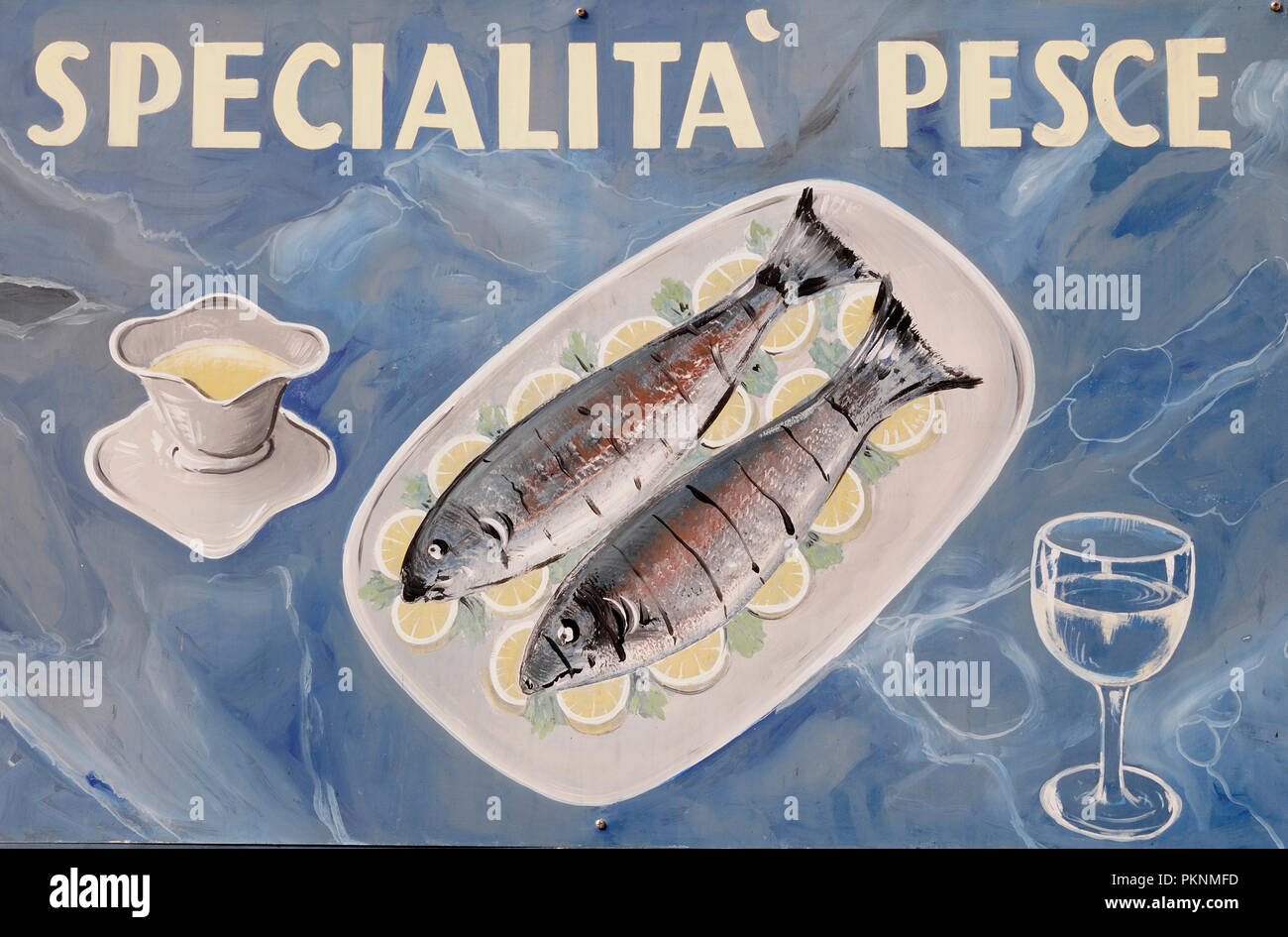 Italy, Lombardy, Lake Garda, fish restaurant sign Stock Photo - Alamy