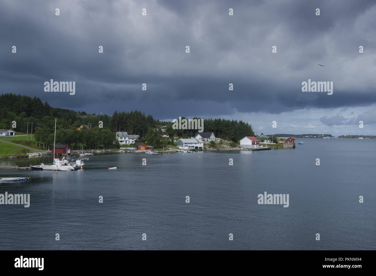 Norwegian landscapes on a cloudy, rainy day. Averoy, Northern Atlantic ...