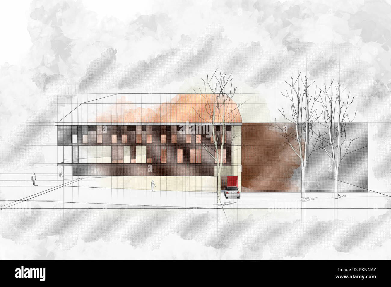 Modern architecture computer generated illustration sketch watercolor ...